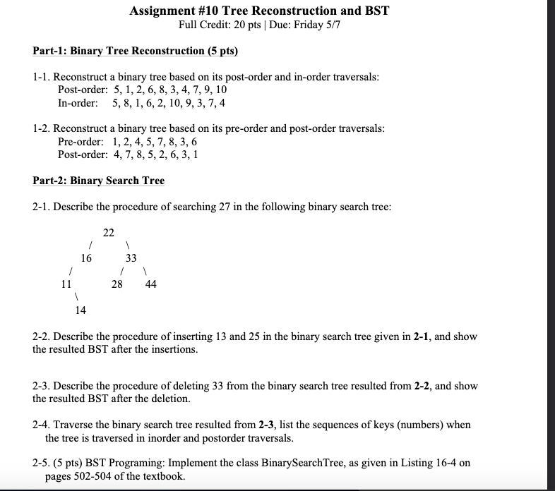Solved Assignment #10 Tree Reconstruction and BST Full | Chegg.com