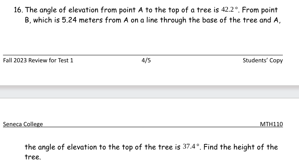 Solved 16. The angle of elevation from point A to the top of | Chegg.com