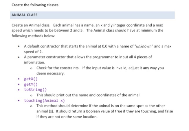 Solved Create the following classes ANIMAL CLASS Create an | Chegg.com