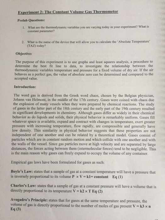Solved Experiment 2: The Constant Volume Gas Thermometer | Chegg.com