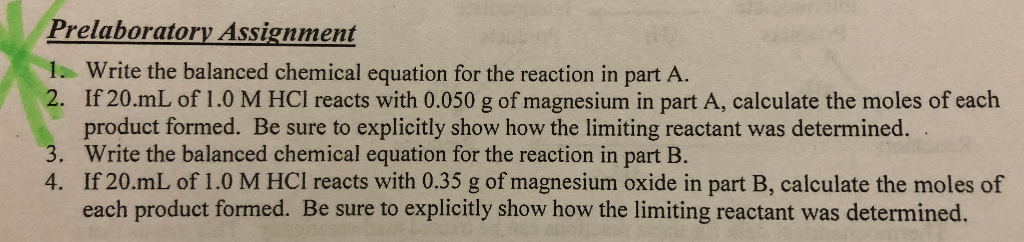 Solved Prelaboratory Assignment 1 Write the balanced | Chegg.com
