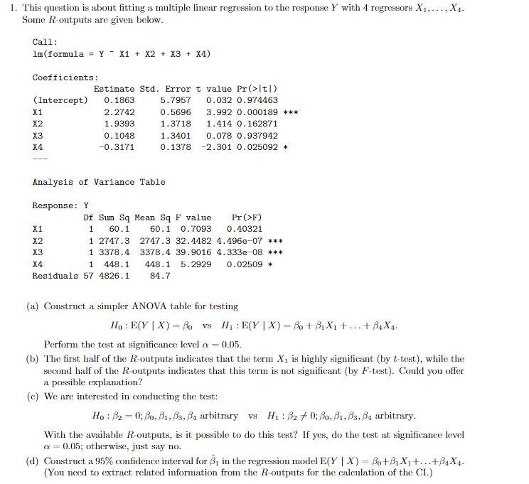 Solved 1. This question is about fitting a multiple linear | Chegg.com