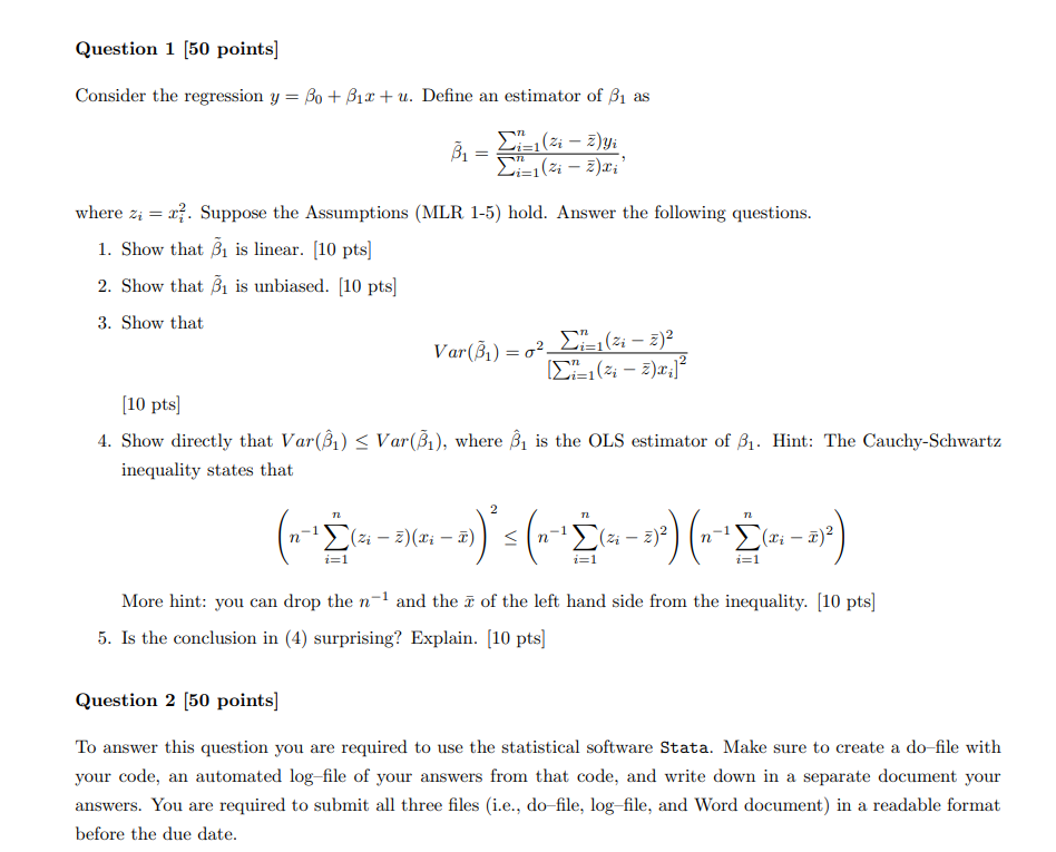 Solved Consider the regression y=β0+β1x+u. Define an | Chegg.com