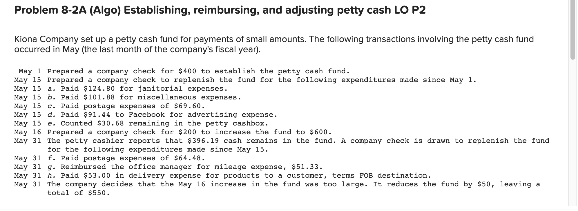 Solved Problem 8-2A (Algo) Establishing, reimbursing, and | Chegg.com