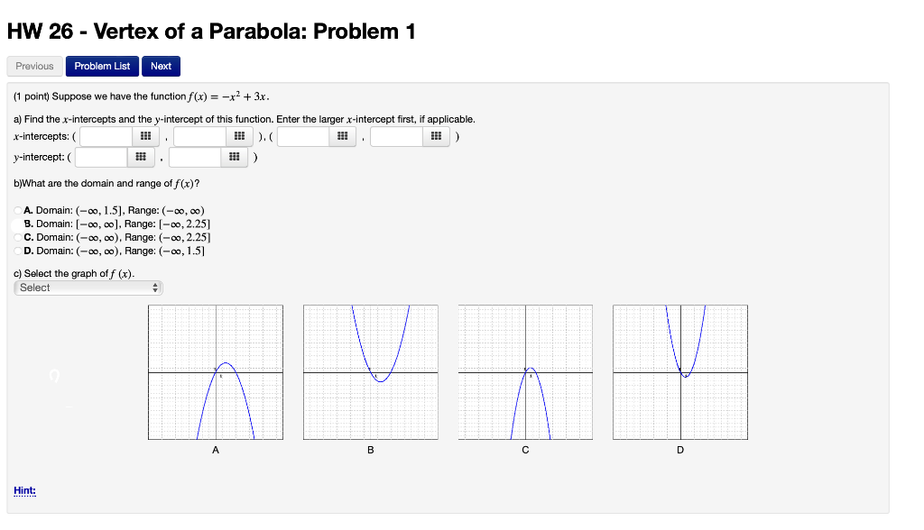 Solved HW 26 - Vertex of a Parabola: Problem 1 Previous | Chegg.com