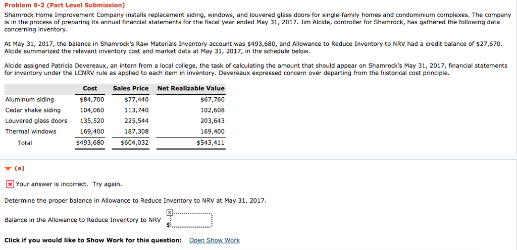 Solved Problem 9-2 (Part Level Submission) Shamrock Home | Chegg.com