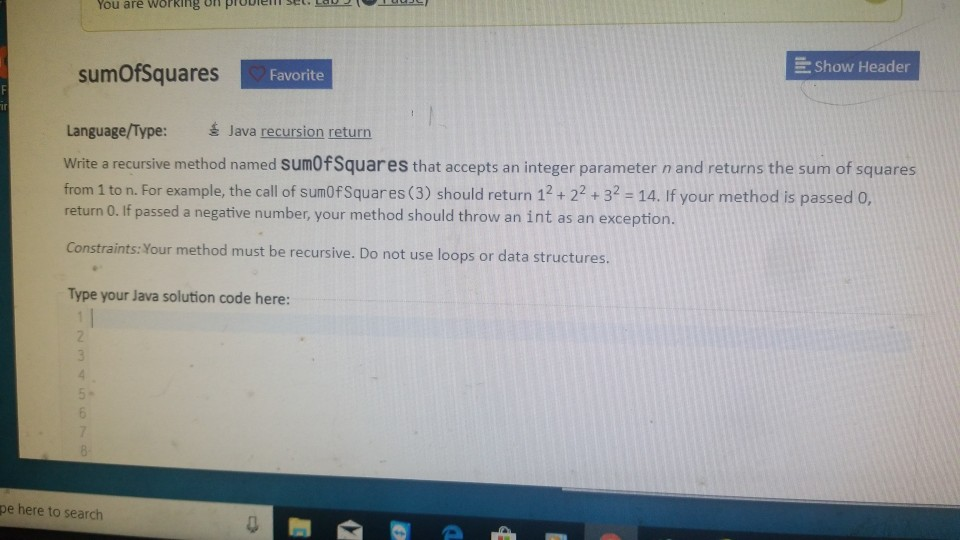 Solved You are Working Show Header sumOfSquares Favorite F | Chegg.com