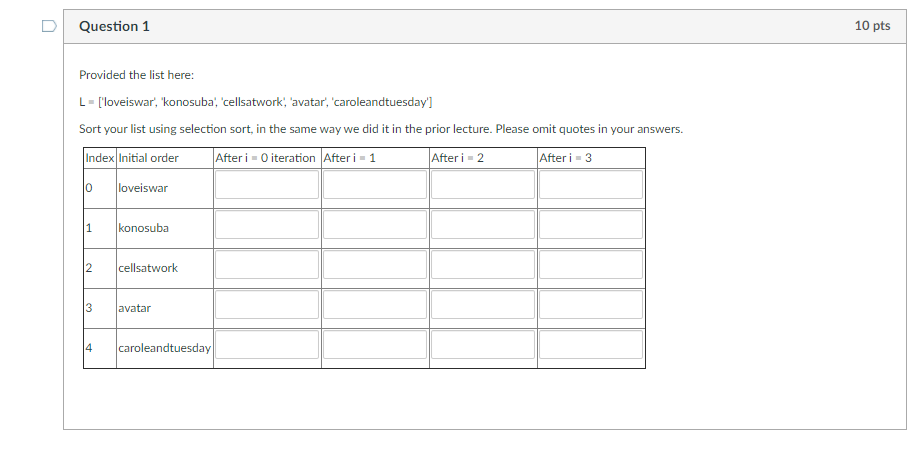 Solved Question 1 10 pts Provided the list here: | Chegg.com