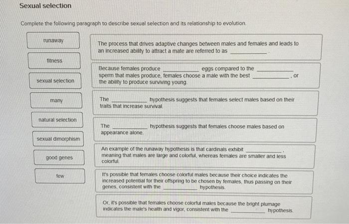 Solved Sexual selection Complete the following paragraph to | Chegg.com