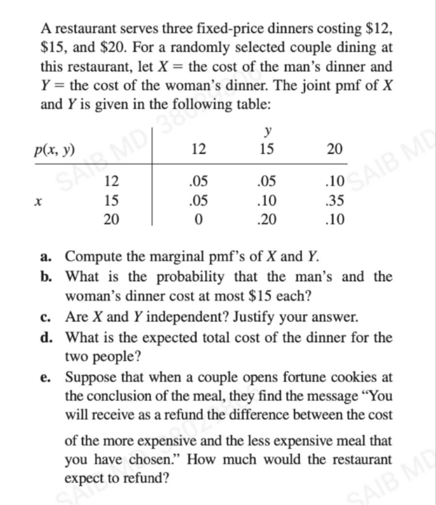 Solved A restaurant serves three fixed-price dinners costing | Chegg.com