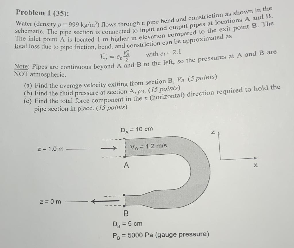 Solved Problem 1 (35): Water (density ρ=999 kg/m3 ) flows | Chegg.com