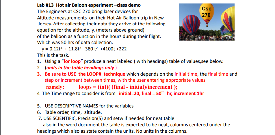 Solved Lab #13 Hot air Baloon experiment -class demo Csc The | Chegg.com