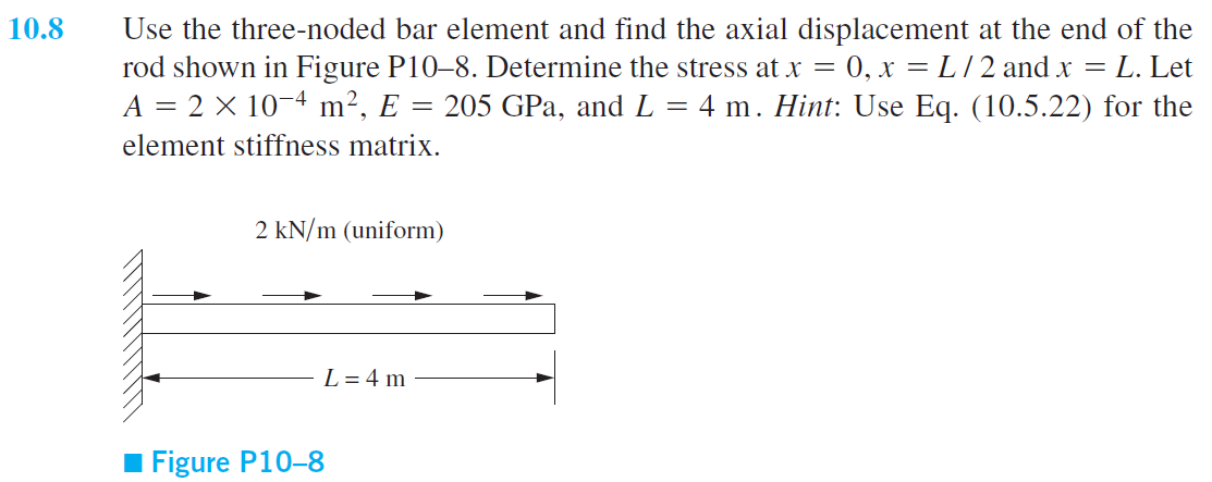 Solved 10.8 Use the three-noded bar element and find the | Chegg.com