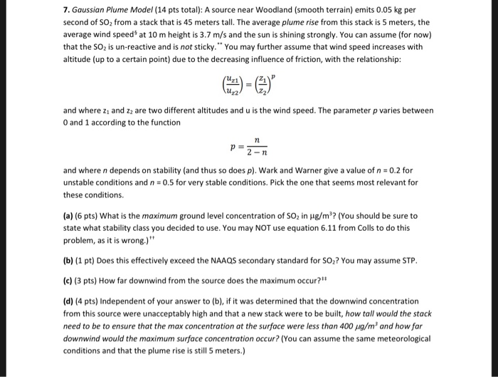 Solved 7. Gaussian Plume Model (14 pts total): A source near | Chegg.com