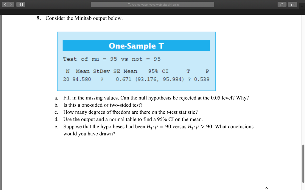 Solved 9. Consider the Minitab output below One-Sample T | Chegg.com