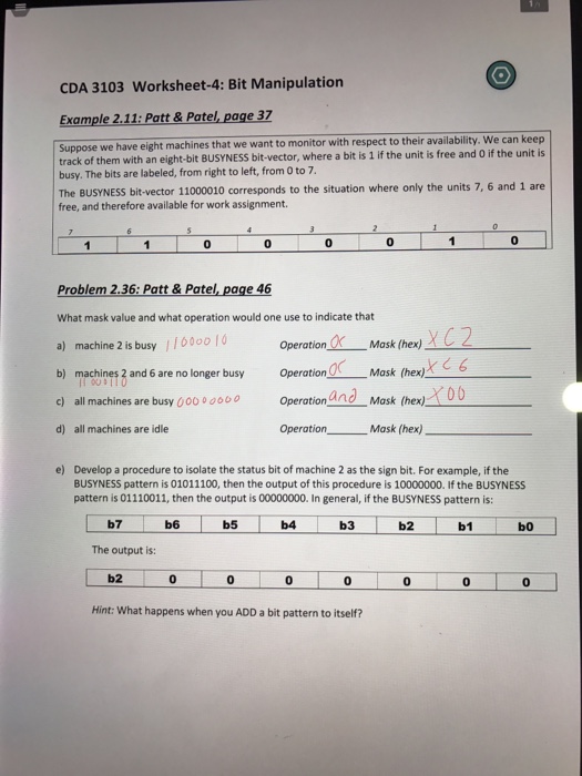 Solved CDA 3103 Worksheet-4: Bit Manipulation Example 2.11: | Chegg.com