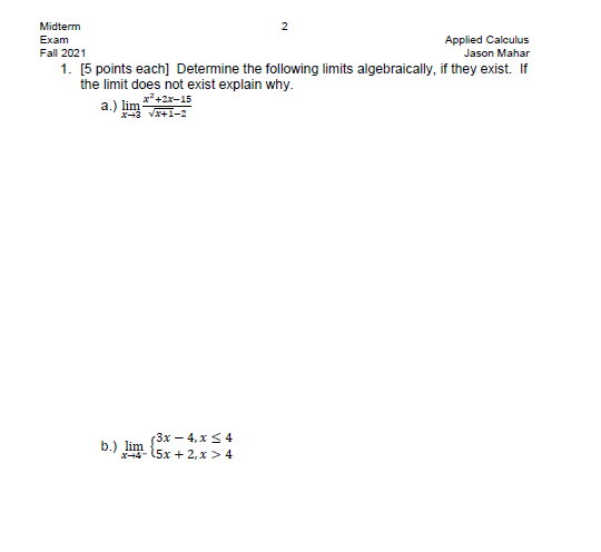 Solved 2 Midterm Exam Fall 2021 Applied Calculus Jason Mahar | Chegg.com