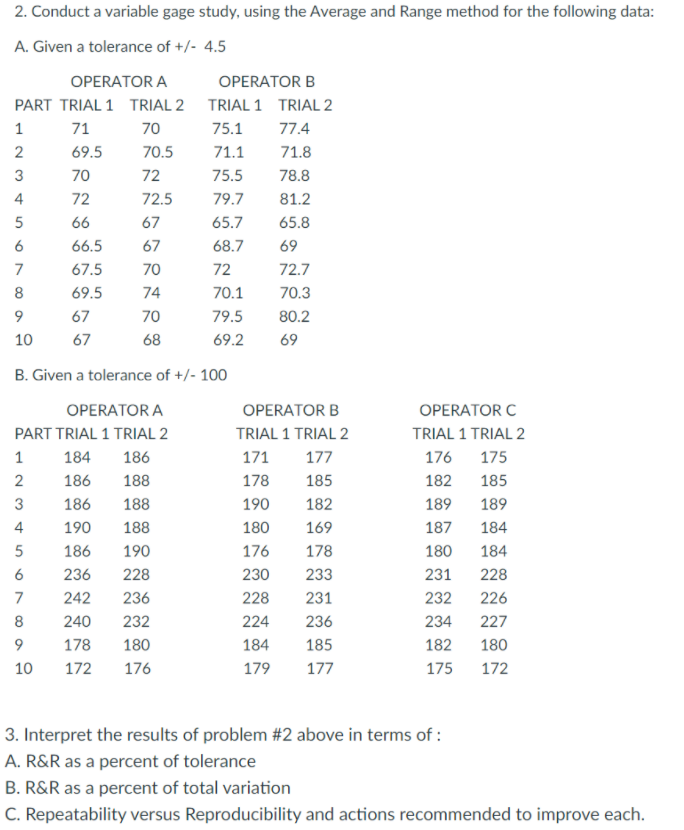 Solved 70 78.8 67 69 72 2. Conduct a variable gage study, | Chegg.com