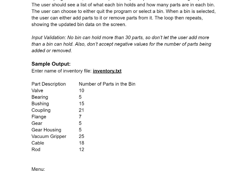 Exercise - Inventory Bins Write a program that | Chegg.com
