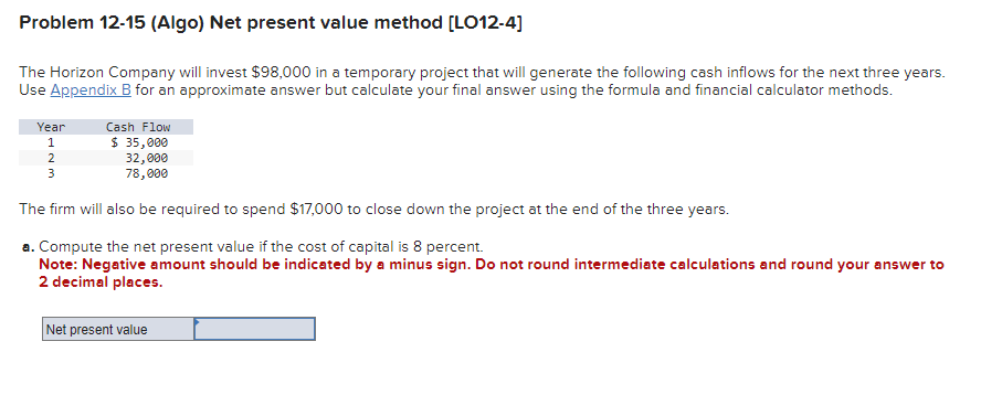 Solved Problem 12-15 (Algo) ﻿Net present value method | Chegg.com
