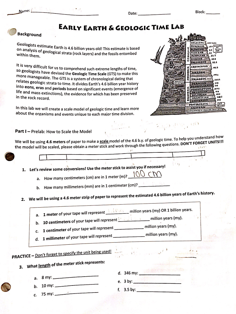 Solved me: Date: Block:- EARLY EARTH & GEOLOGIC TIME LAB | Chegg.com