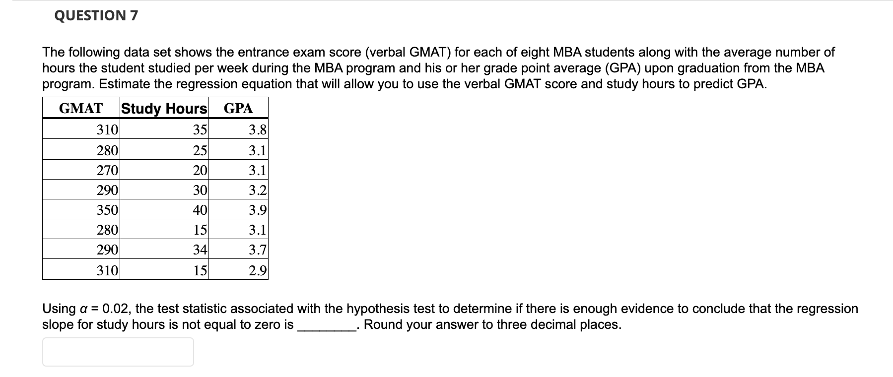 Solved QUESTION 7 The following data set shows the entrance | Chegg.com