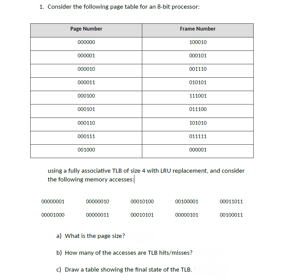 Solved 1. Consider the following page table for an 8-bit | Chegg.com