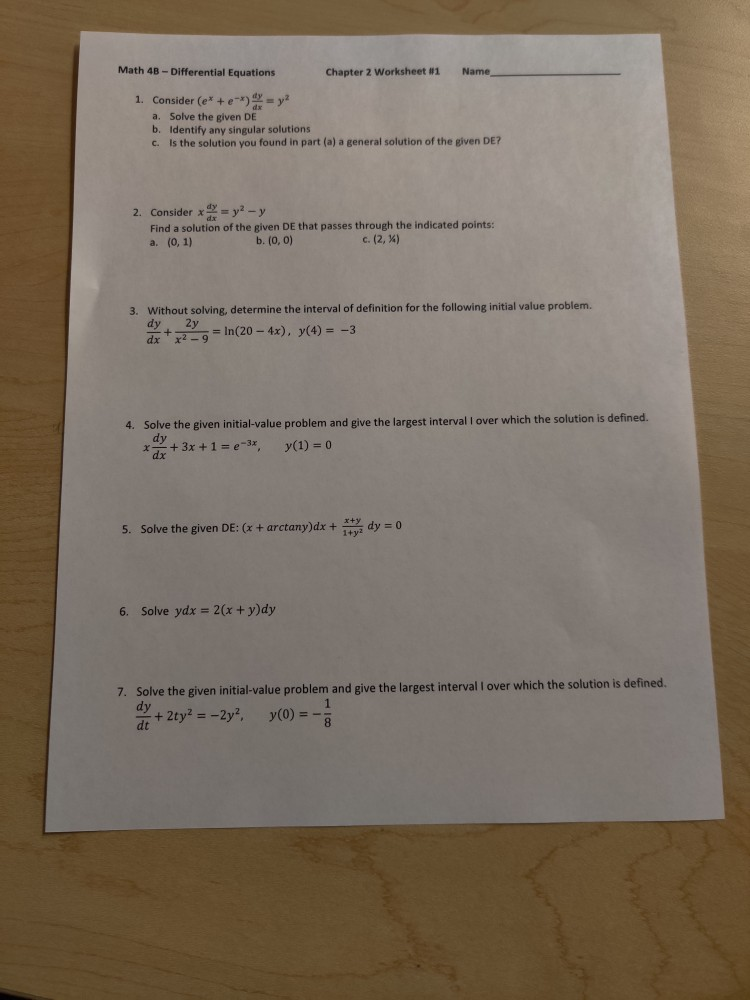 Solved Math 4B - Differential Equations Chapter 2 Worksheet | Chegg.com