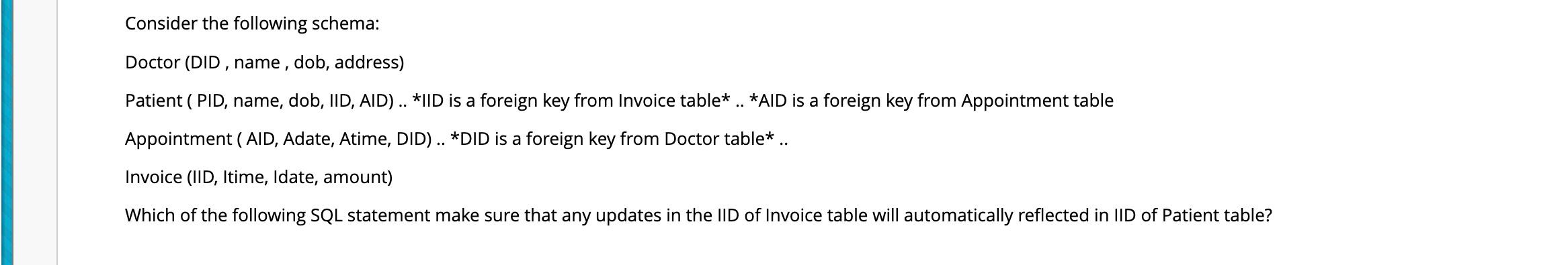 Solved Consider the following schema: Doctor (DID, name, | Chegg.com