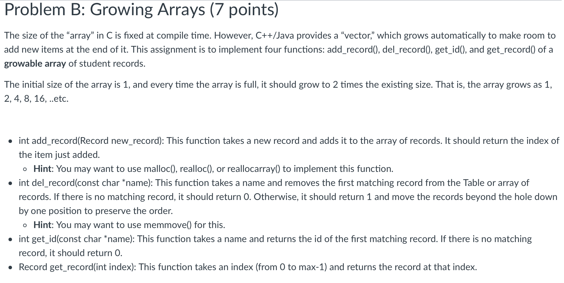 Solved Problem B: Growing Arrays (/ points) The size of the | Chegg.com