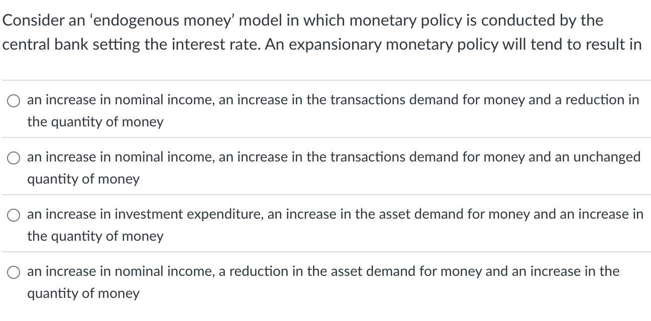 Solved Consider an 'endogenous money' model in which | Chegg.com