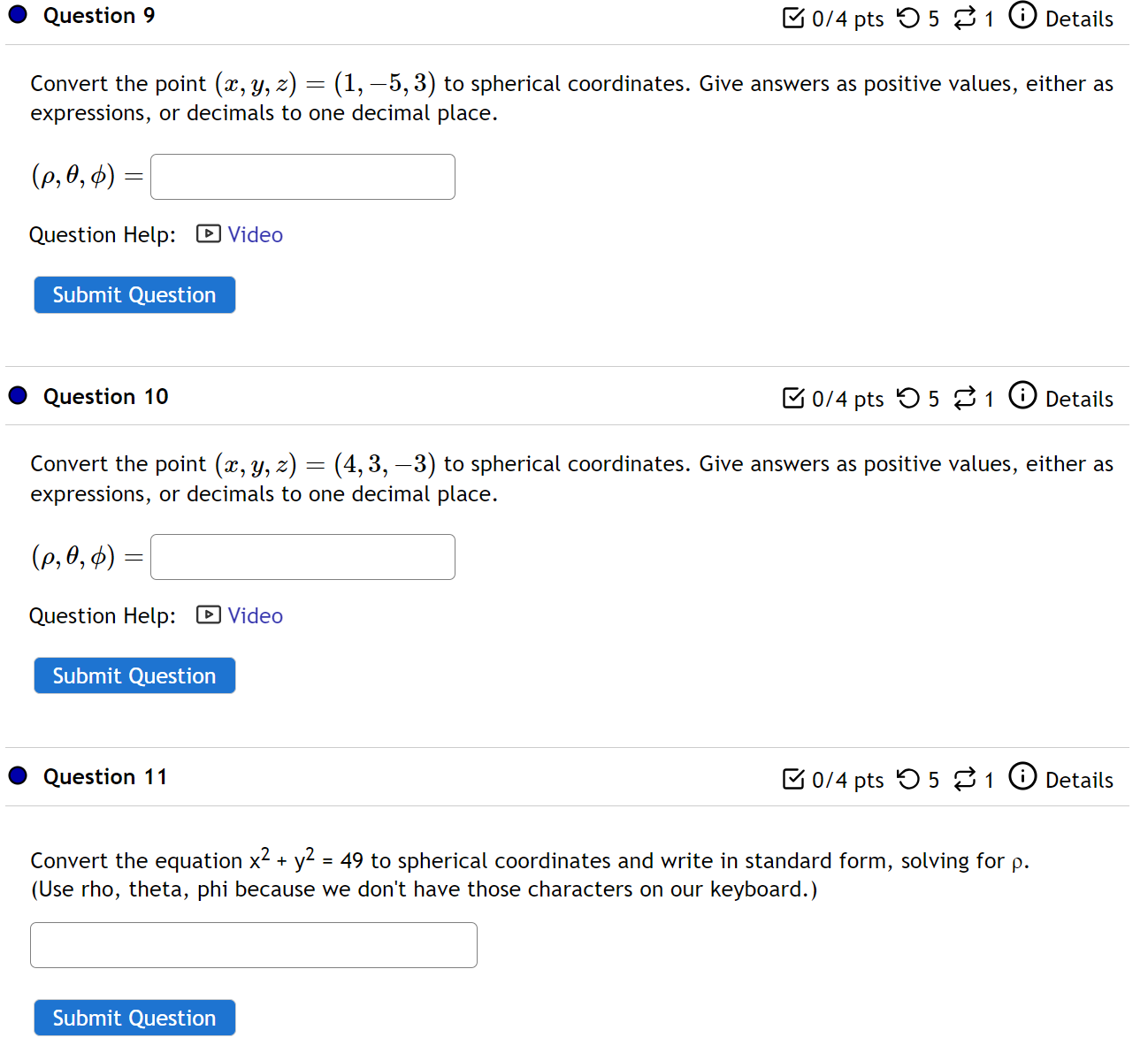 Solved Convert the point (x,y,z)=(1,−5,3) to spherical | Chegg.com