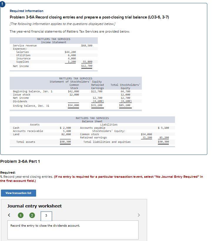 Solved Requlred Information Problem 3-6A Record closing | Chegg.com