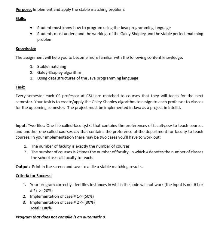 Purpose: Implement and apply the stable matching | Chegg.com