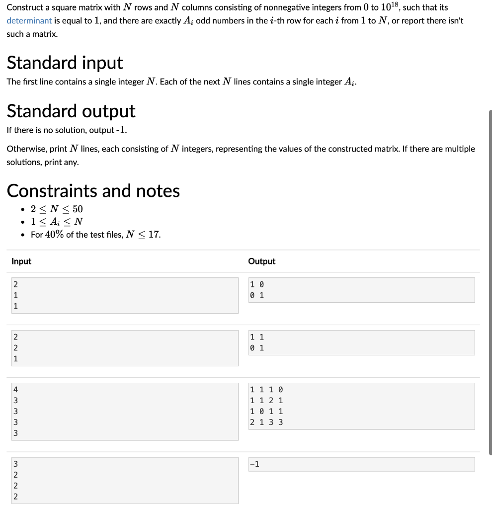 Solved Construct a square matrix with N rows and N columns | Chegg.com