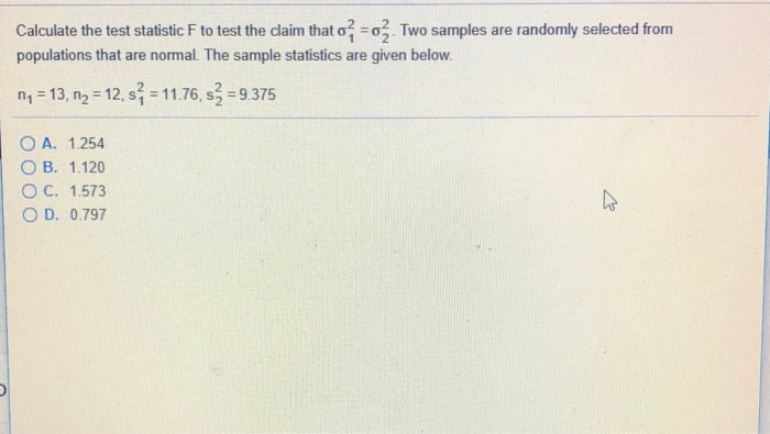 Solved Calculate the test statistic F to test the claim that | Chegg.com