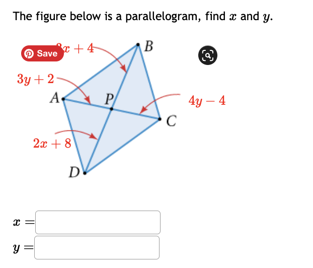 Solved The figure below is a parallelogram, find x and y. | Chegg.com