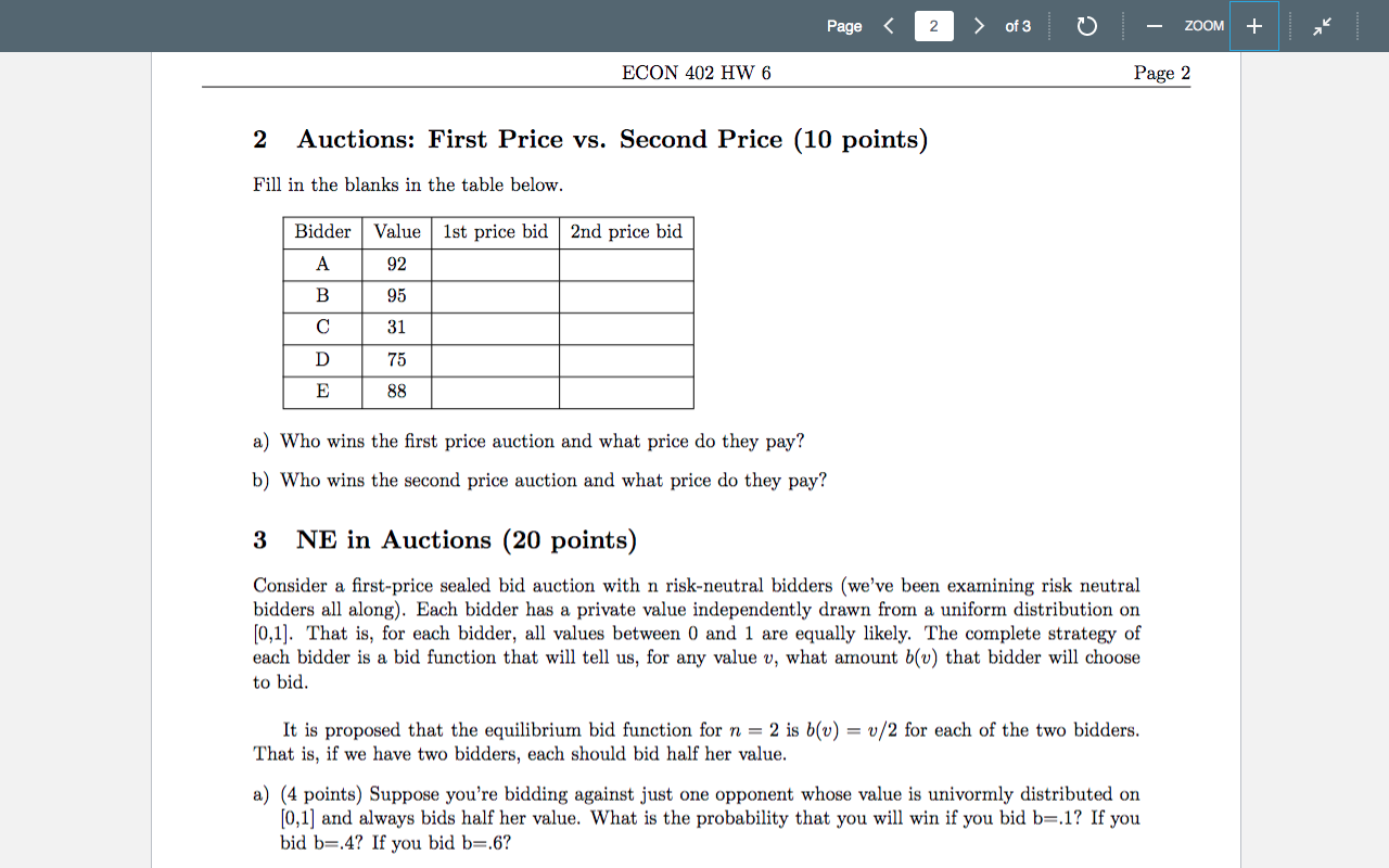 Solved 2 Auctions: First Price vs. Second Price (10 points) | Chegg.com