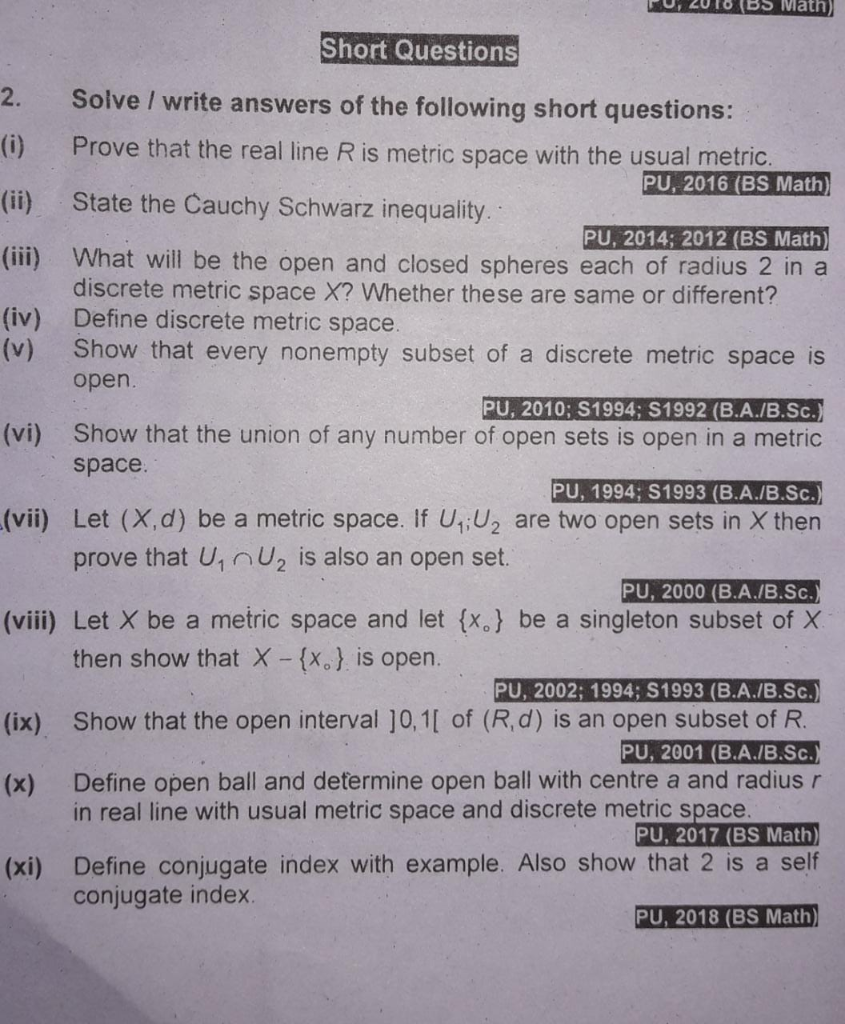 Solved ter 2: Metric Spaces Summary 63 Long Questions Show | Chegg.com
