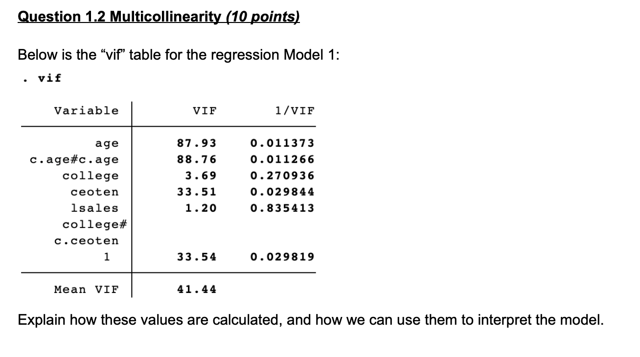 Solved Question 1.2 Multicollinearity (10 points) Below is | Chegg.com