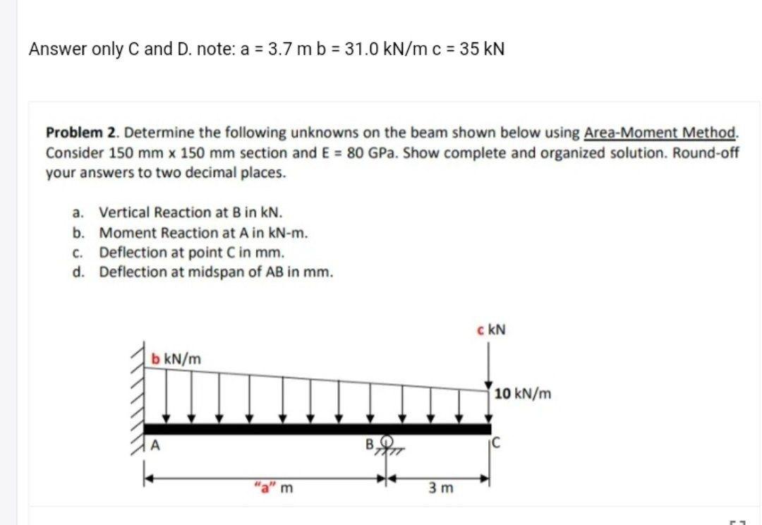 Solved Answer only C and D. note: a = 3.7 m b = 31.0 kN/m c | Chegg.com