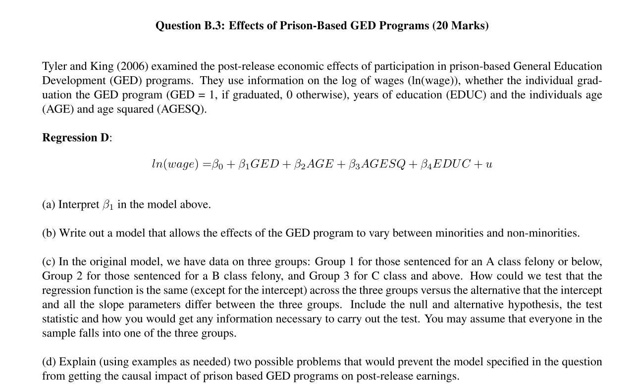 Question B.3: Effects of Prison-Based GED Programs | Chegg.com