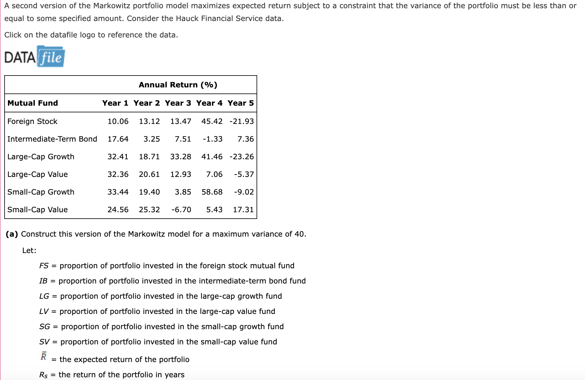 Solved A second version of the Markowitz portfolio model | Chegg.com