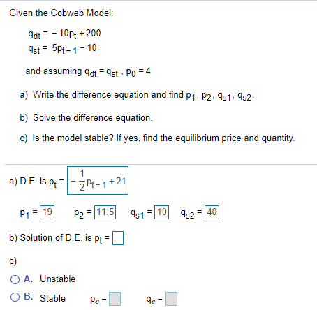 Solved Given the Cobweb Model: Udt = -10pt +200 4st = | Chegg.com