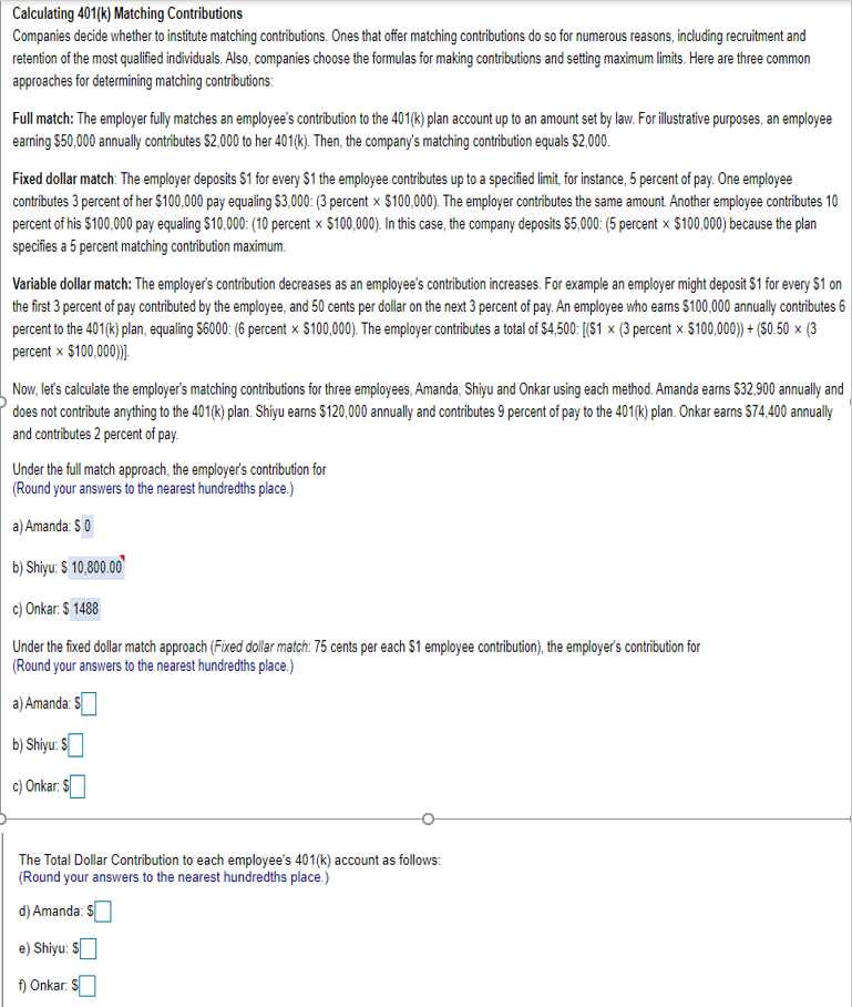 Solved Calculating 401(k) Matching Contributions Companies | Chegg.com