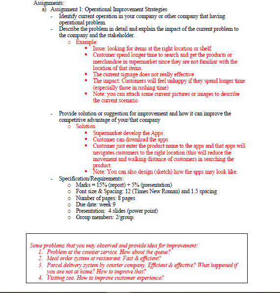 Solved Assignments: a) Assignment 1: Operational Improvement | Chegg.com