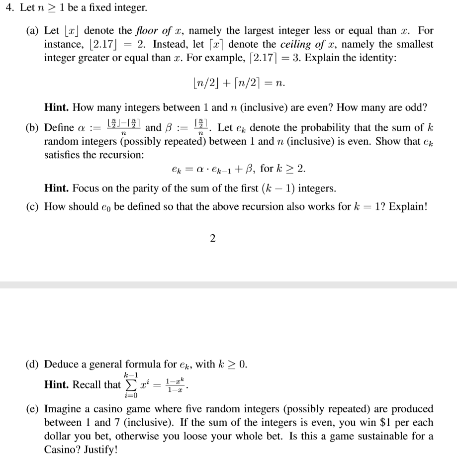 4. Let n > 1 be a fixed integer. (a) Let [x] denote | Chegg.com