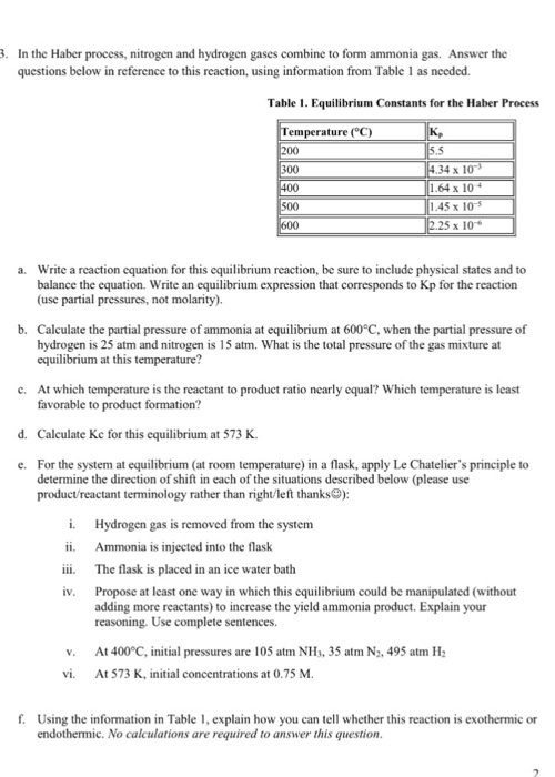 Solved 3. In the Haber process, nitrogen and hydrogen gases | Chegg.com
