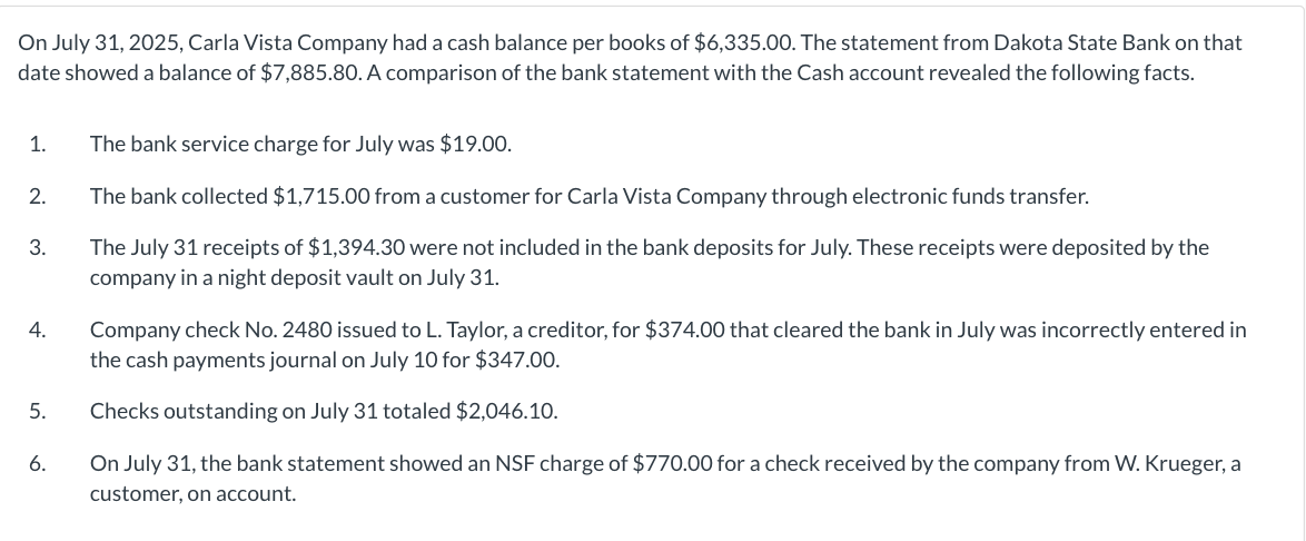 Solved On July 31,2025 , Carla Vista Company had a cash | Chegg.com