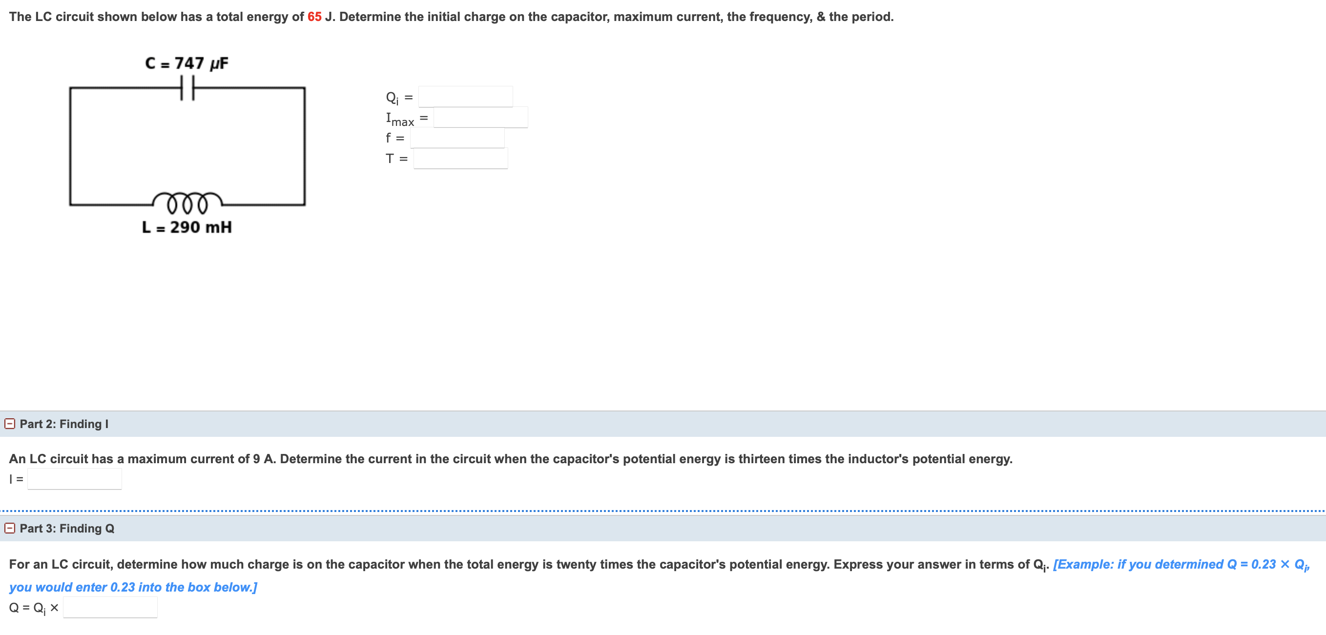 Solved The LC circuit shown below has a total energy of 65 | Chegg.com